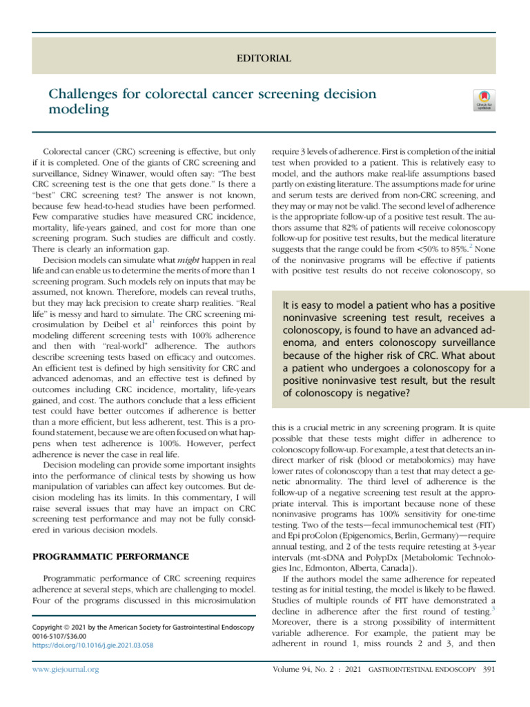 Challenges For Colorectal Cancer Screening Decisio | PDF | Screening (Medicine) | Colorectal Cancer