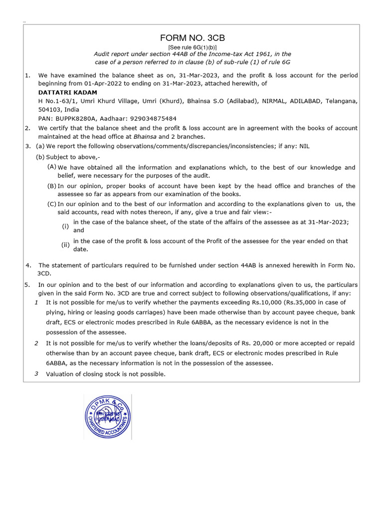 Form No 3CB Ay 23-24 Sign & Stamp | PDF