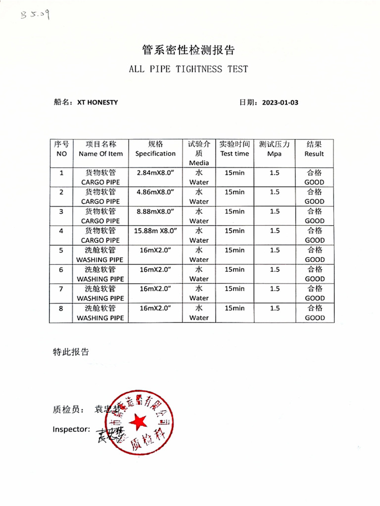 Cargo Hoses Pressure Test Certificate | PDF