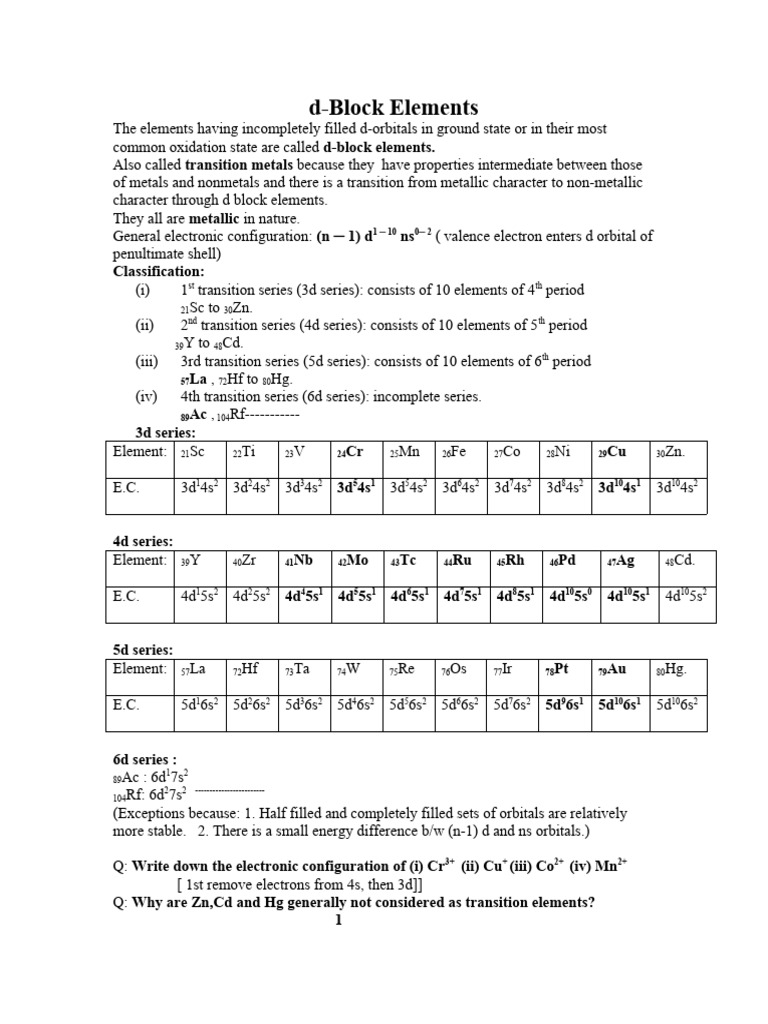 D-Block Notes | PDF | Transition Metals | Electron Configuration