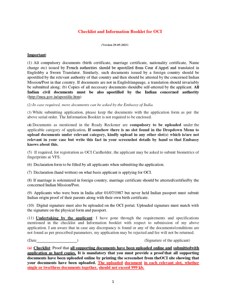 Oci Checklist and Information Booklet For Oci | PDF | International Law ...
