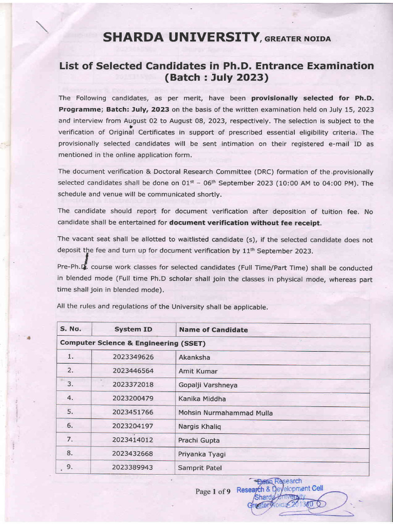 Sharda University PhD Entrance Results 2023 | PDF | Doctor Of ...