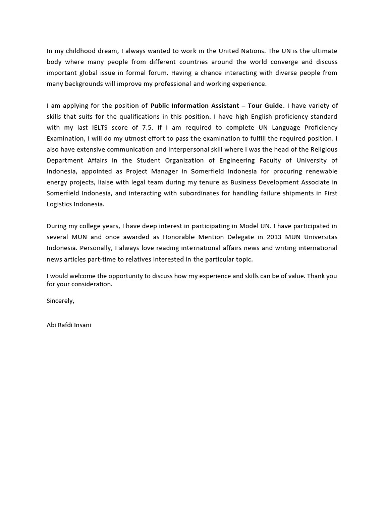 Cover Letter Tour Guide UN | PDF