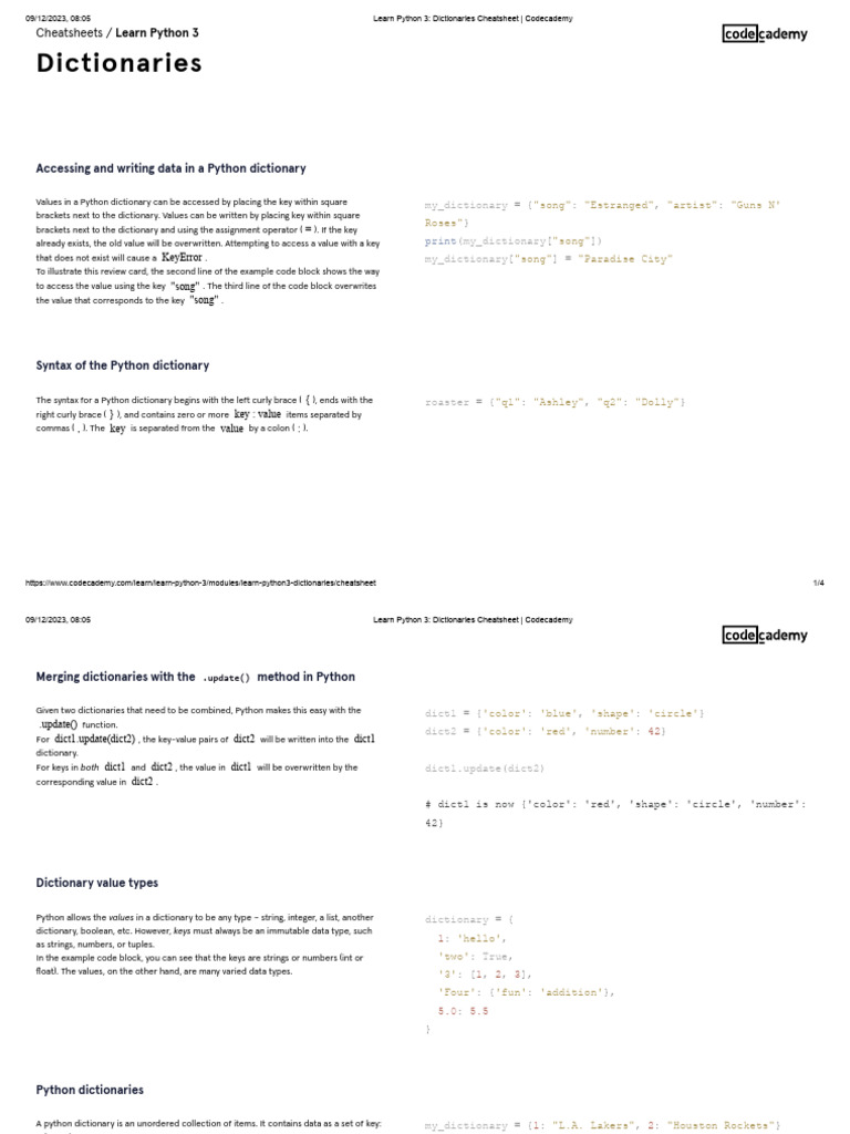 Learn Python 3 - Dictionaries Cheatsheet - Codecademy | PDF