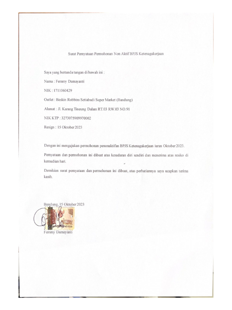Surat Pernyataan Permohonan Non Aktif BPJS Ketenagakerjaan | PDF