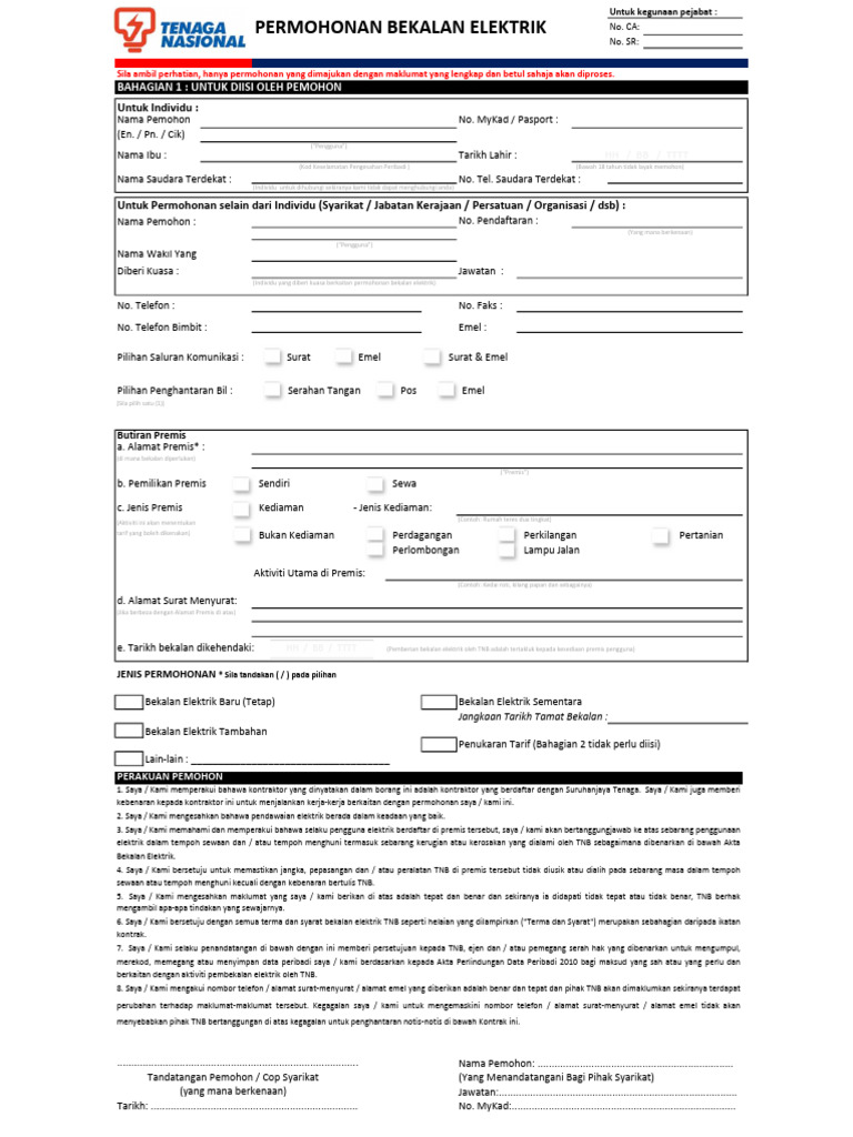 Borang Permohonan Bekalan Elektrik 2021-1 | PDF