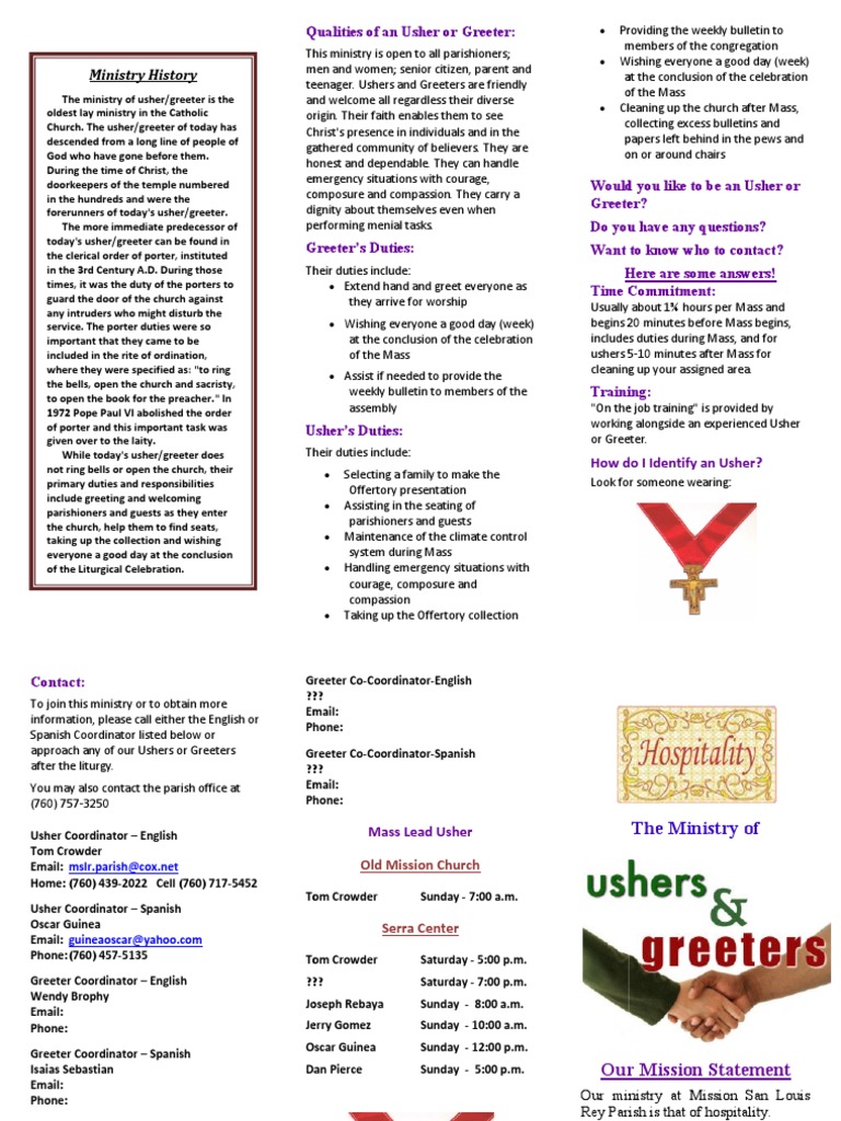Usher Greeter Brochure | Christian Denominational Families | Catholic ...