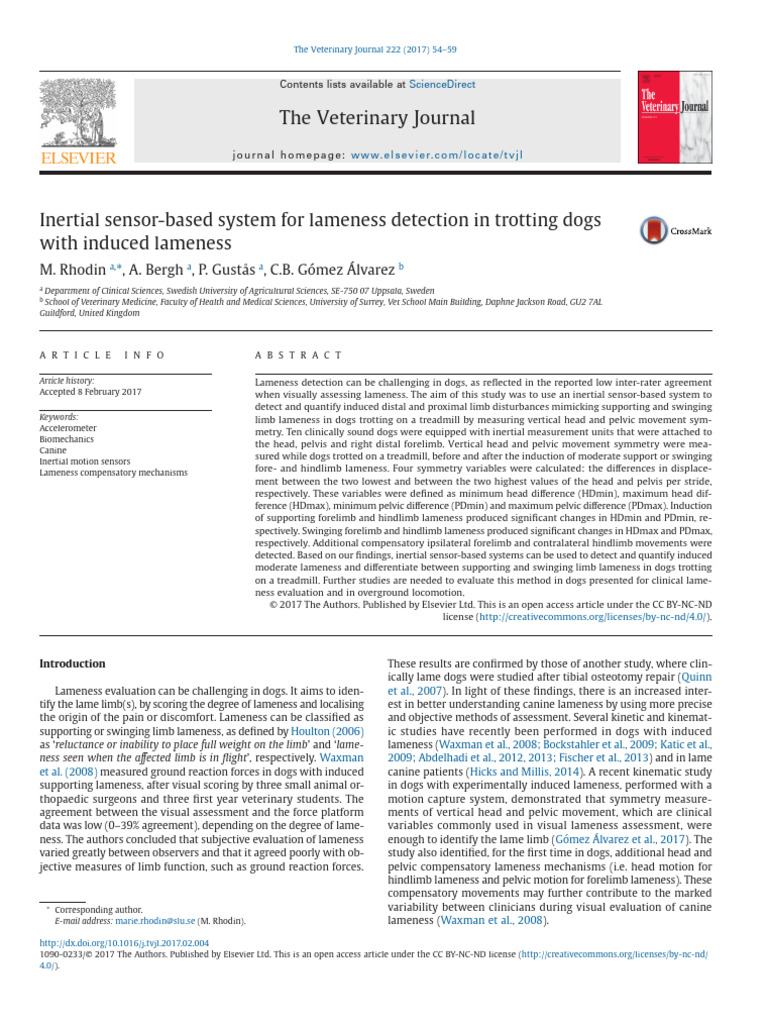 Inertial Sensor Based System For Lameness Detection in TR - 2017 - The Veterinar | PDF | Science ...