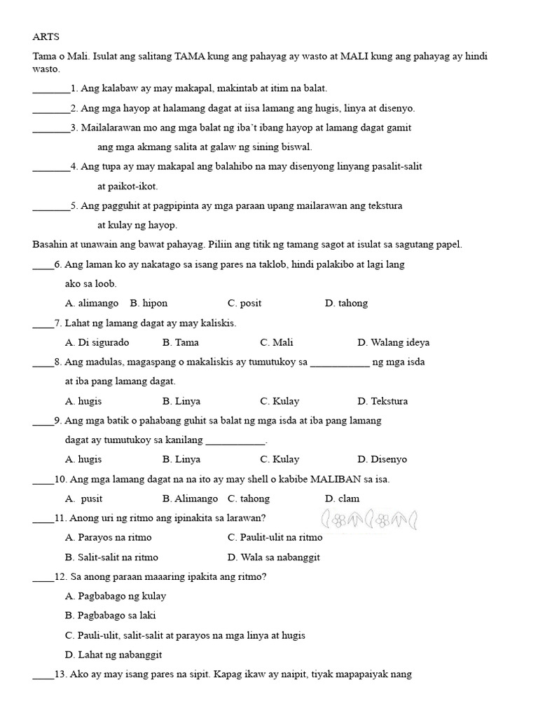 ARTS Grade 2 SUMMATIVE TEST 2nd Quarter | PDF