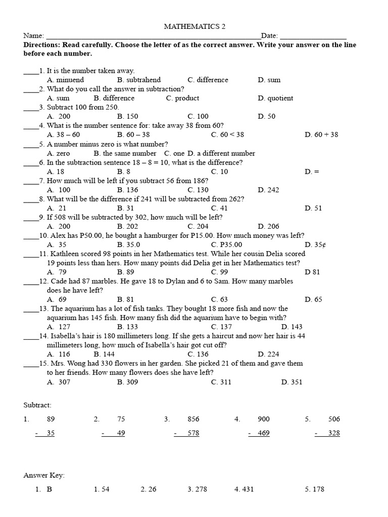 MATHEMATICS 2 1st Summative Test Quarter 2 | PDF