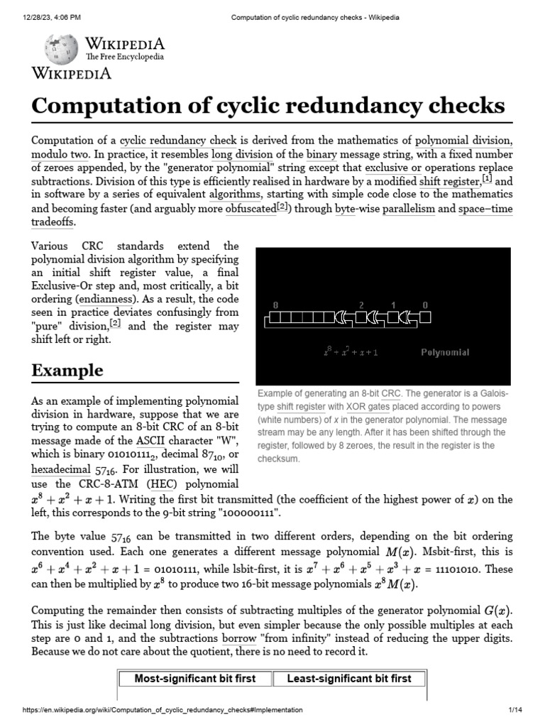 Computation Of Cyclic Redundancy Checks Pdf