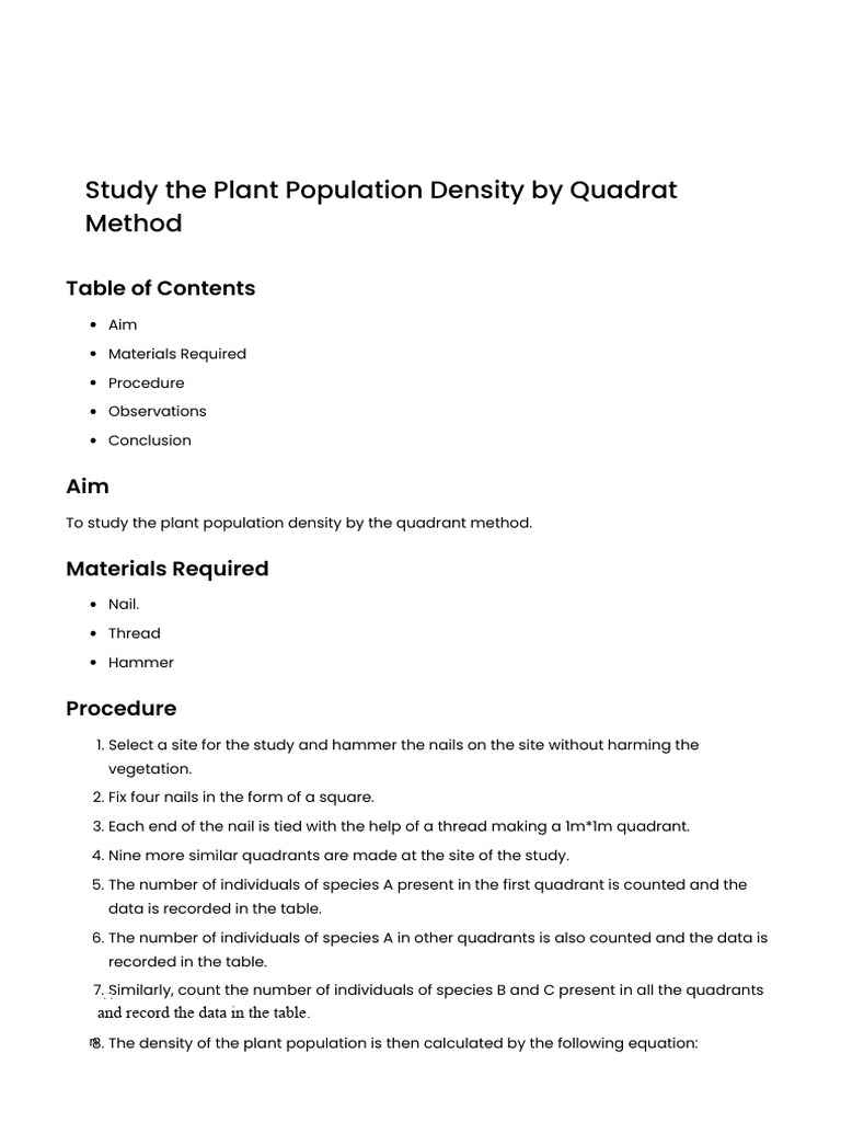 Plant Population Density Study by Quadrat | PDF