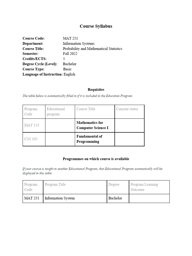 Syllabus Mat 251 Probability And Math Statistics Editkh Pdf