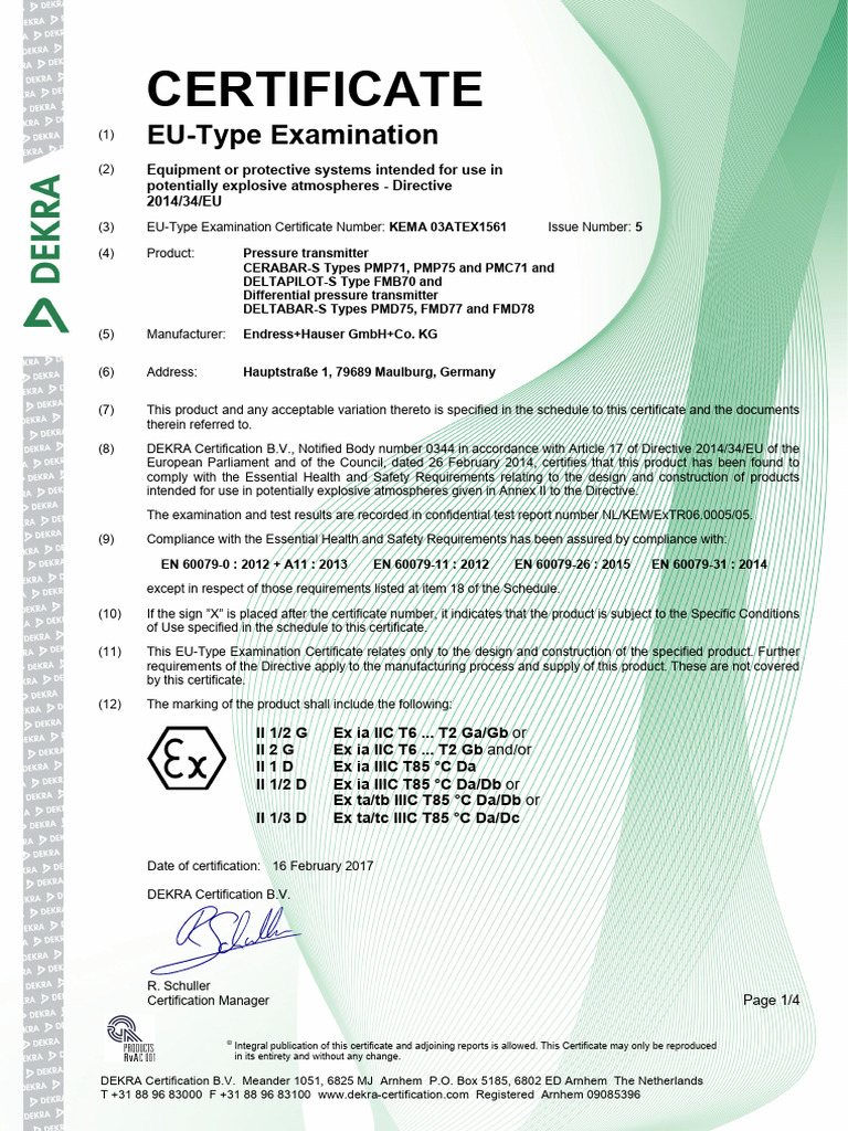 ATEX Pressure Transmitter Cert | PDF | Home & Garden | Technology & Engineering