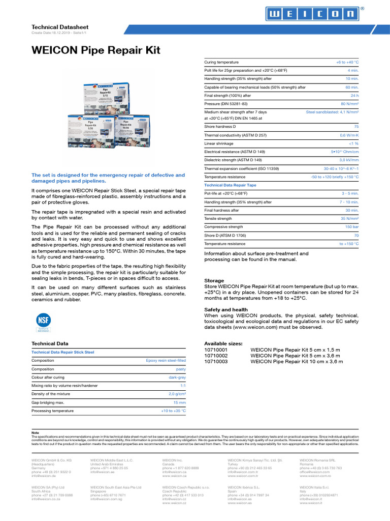 TDS 10710001 EN WEICON Pipe Repair Kit | PDF | Continuum Mechanics | Secondary Sector Of The Economy