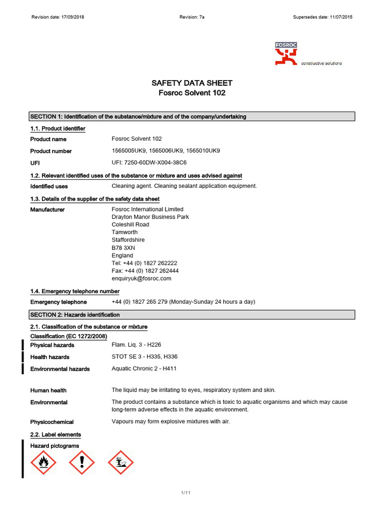 Fosroc Solvent 102 SDS Promain 17 09 2018 | PDF | Firefighting | Toxicity