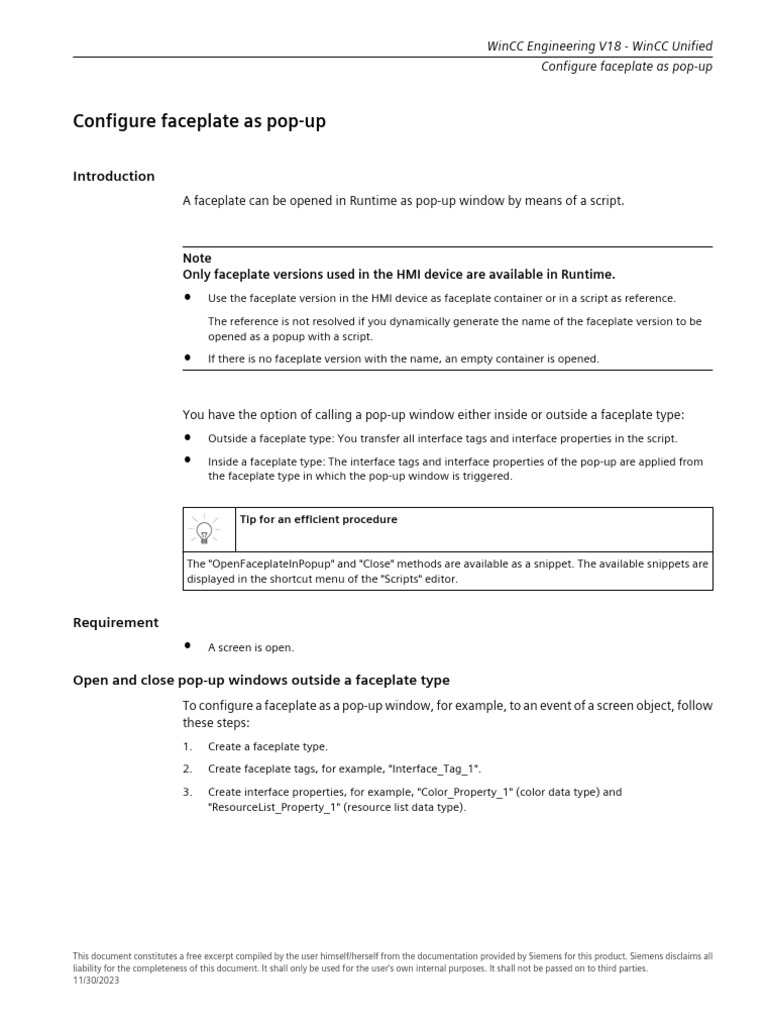 Wincc Engineering V18 Wincc Unified Configure Faceplate As Pop Up Download Free Pdf User 