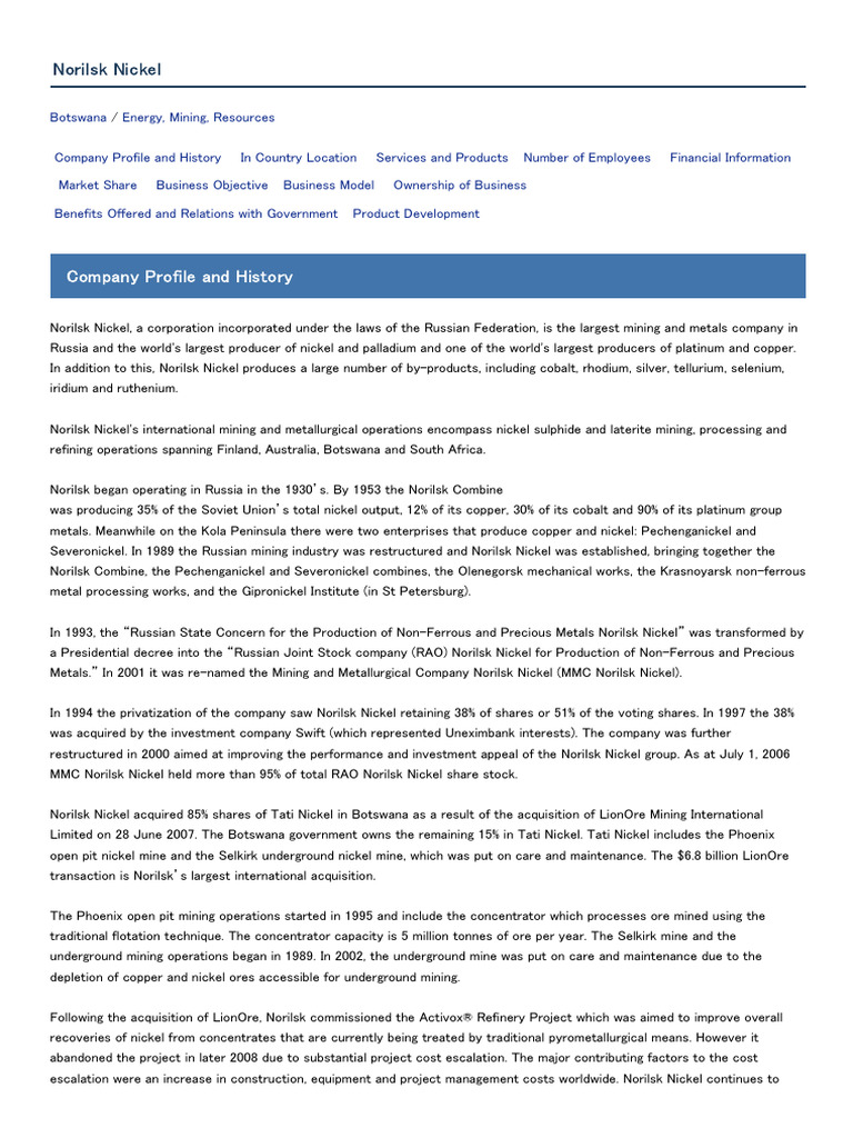 Norilsk Nickel - BOTSWANA | PDF | Mining | Nickel