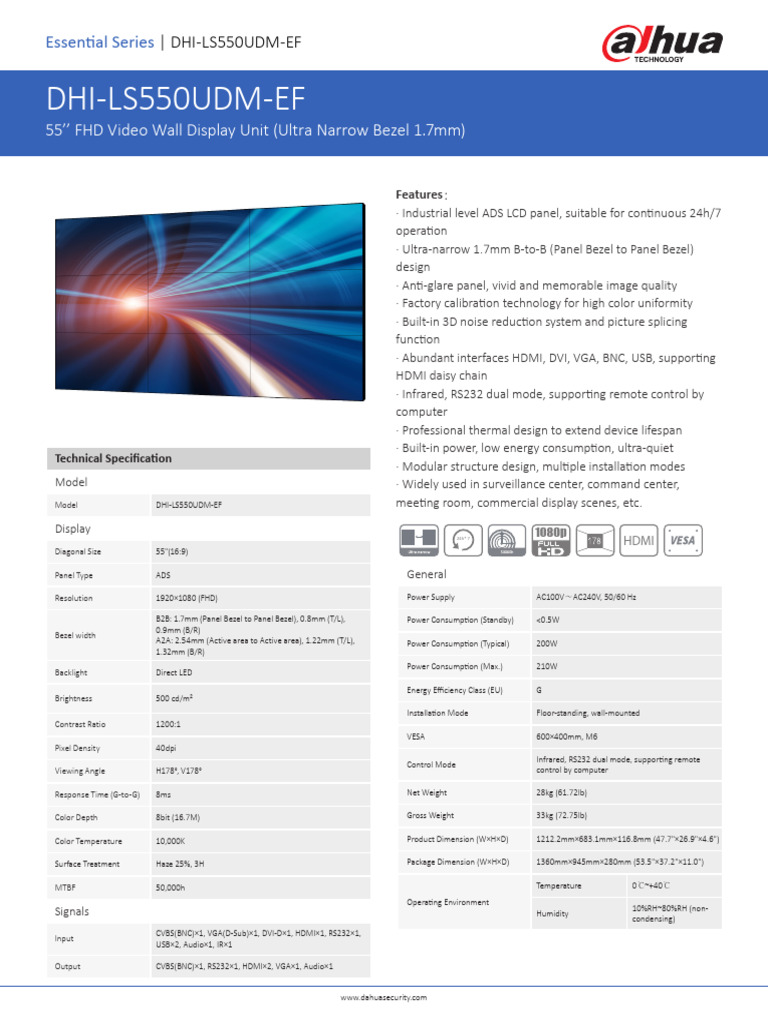 DHI-LS550UDM-EF Video Wall Display | PDF | Hdmi | Manufactured Goods