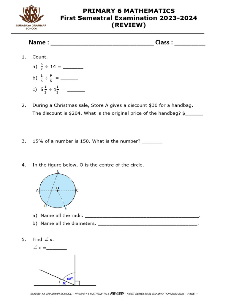 (REVIEW) P6 MATHEMATICS First Semestral Examination 2023-2024 | PDF
