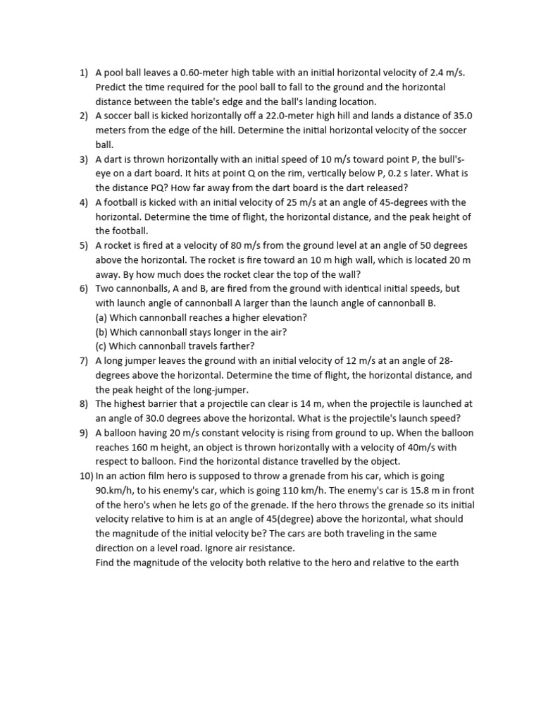 Problem Set Projectiles | PDF | Projectiles | Speed
