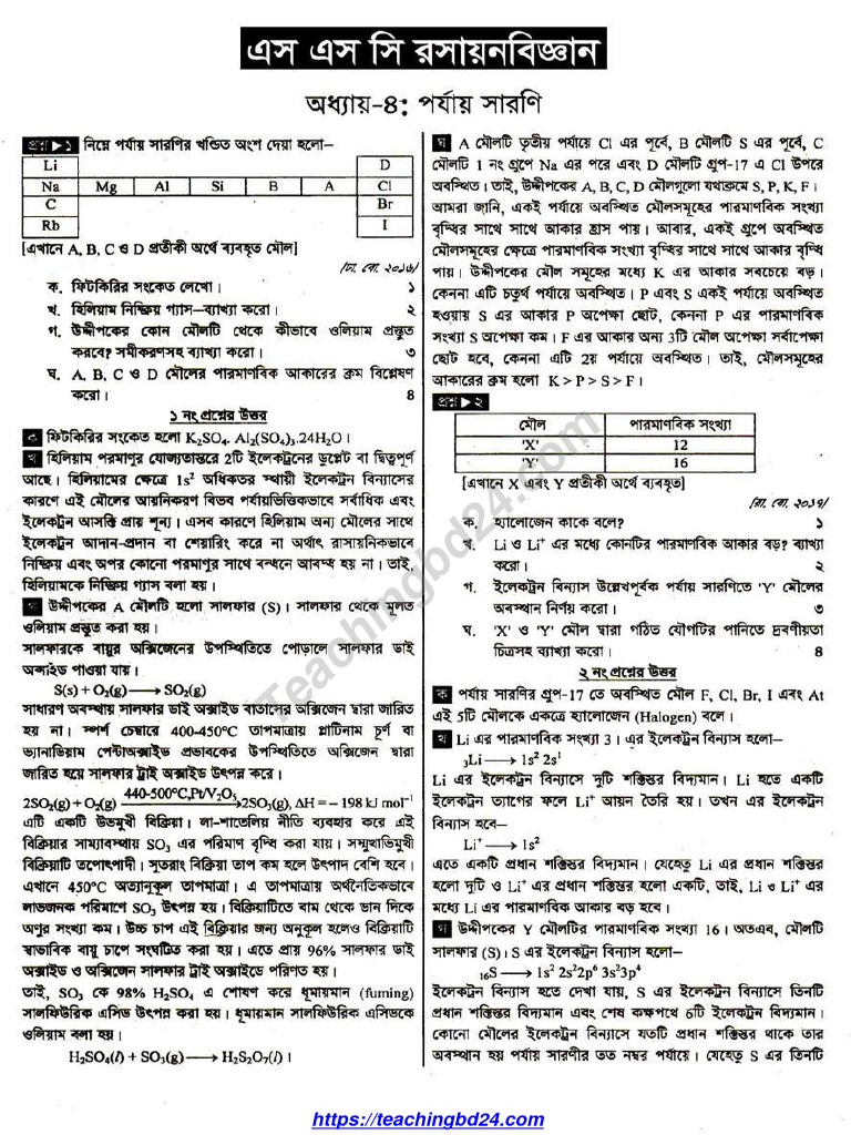 SSC Chemistry Notes 4th Chapter Periodic Table | PDF