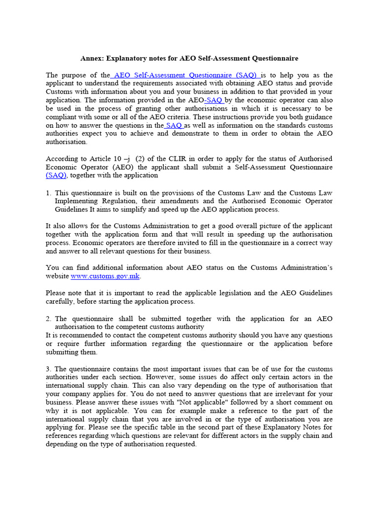 Explanatory Notes For AEO SAQ | PDF | Customs | Small And Medium Sized ...