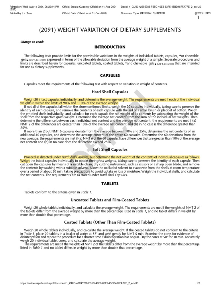 〈2091〉 WEIGHT VARIATION OF DIETARY SUPPLEMENTS | PDF | Tablet (Pharmacy)