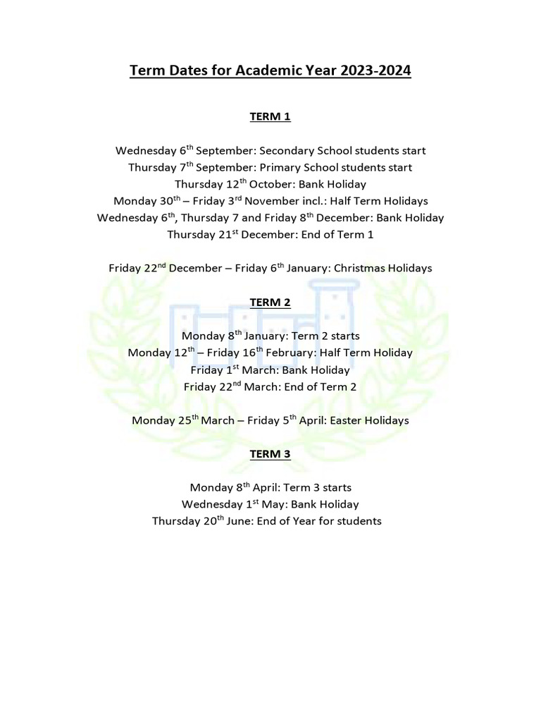 School Term Dates 2023-2024 | PDF