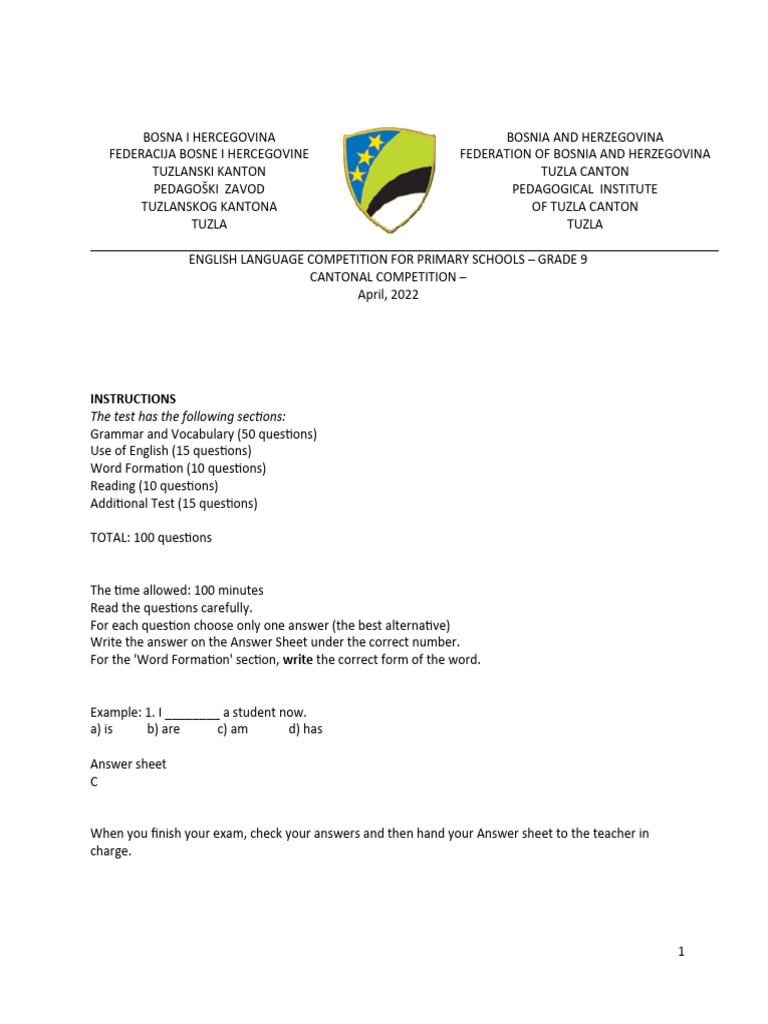 New 2022 Engleski Kantonalno 9r Test | PDF