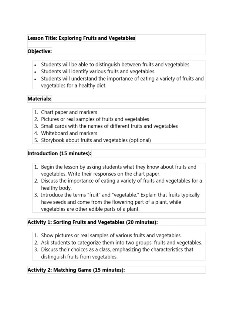 Lesson Plan 1 | PDF | Vegetables | Fruit