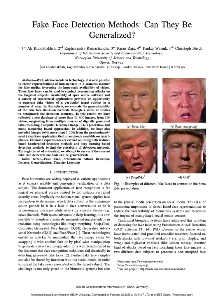 Fake Face Detection Methods Can They Be Generalized Pdf