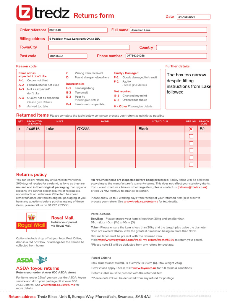 Tredz Bikes Return Policy Guide | PDF | Mail | Consumer Goods
