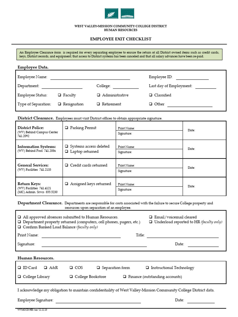 Employee Exit Checklist Clearance Form | PDF