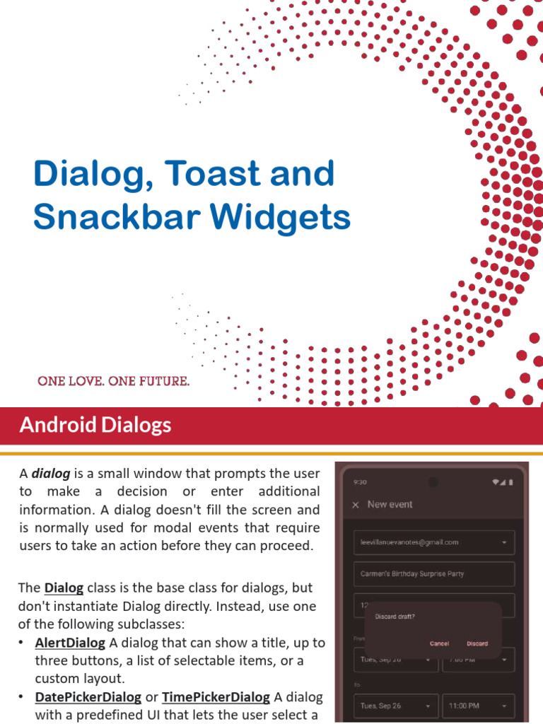 Lesson 5 - Supplement 3 - Dialogs, Toast and Snackbar | PDF | Dialog Box | Button (Computing)