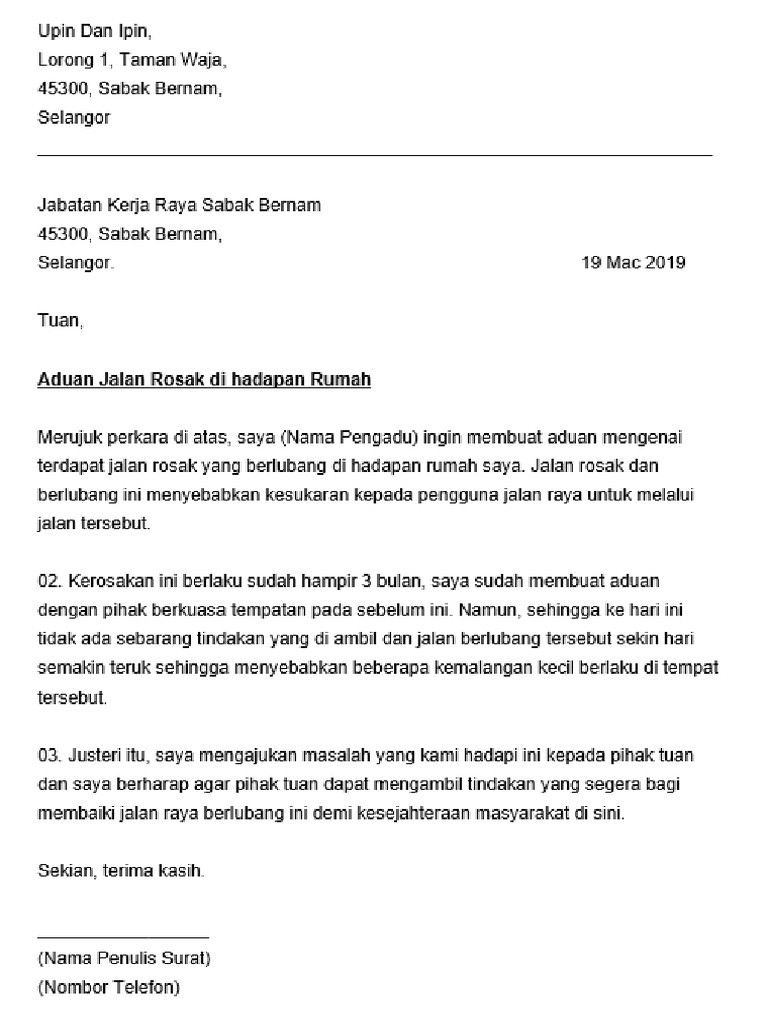 Contoh Surat Rasmi Ringkas Aduan | PDF