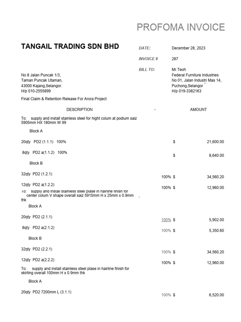 Tangail Trading SDN BHD (Invoice Profoma) | PDF