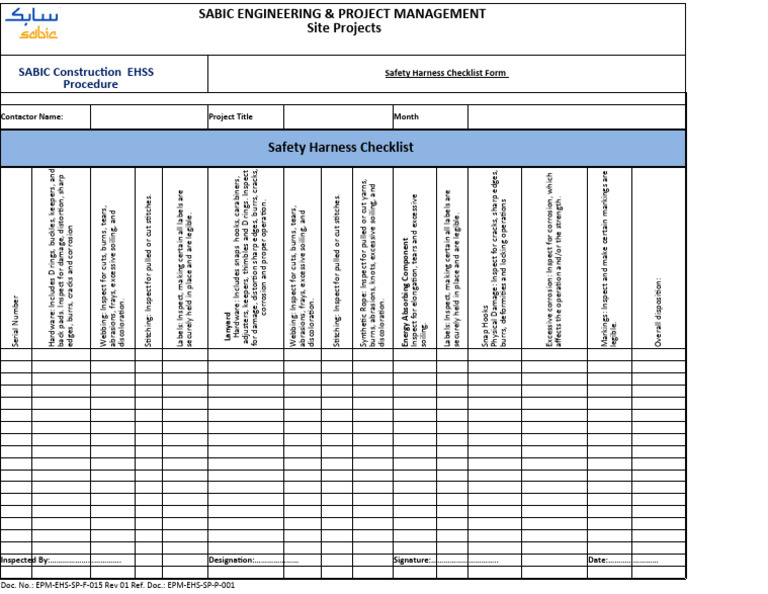 EPM EHS SP F 015 Safety Harness Checklist | PDF