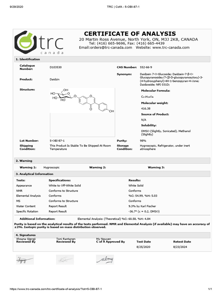 TRC - CofA Daidzin | PDF | Chemical Substances | Chemical Elements