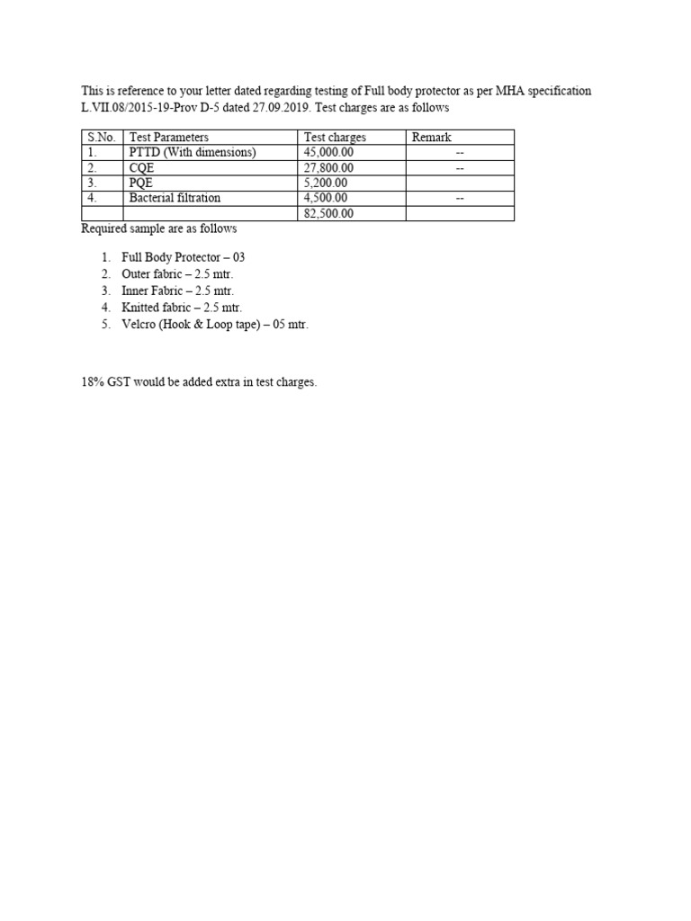 NITRA Full Body Protector (Male) Quotation | PDF