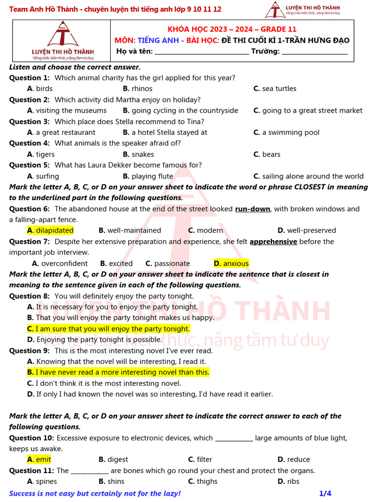 (ĐỀ THI) - THĐ - CUỐI KÌ 1 - key linh | PDF | Adolescence