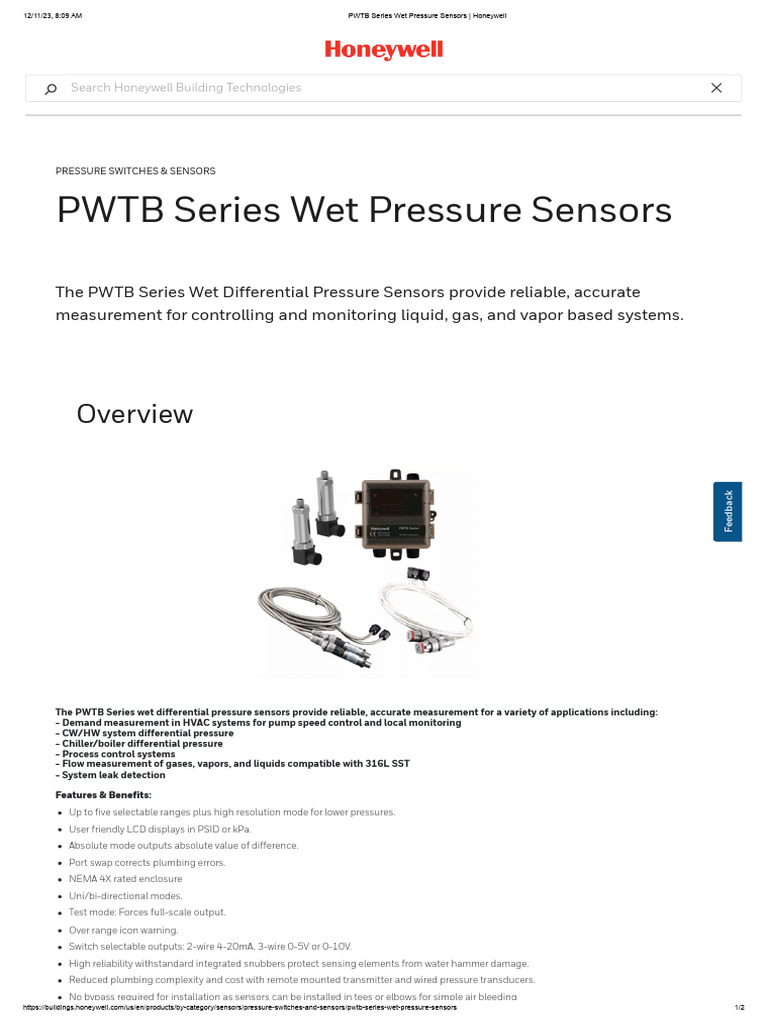 PWTB Series Wet Pressure Sensors - Honeywell | PDF