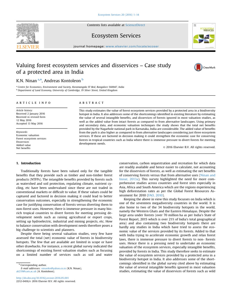 Valuing Forest Ecosystem Services And Disservices Case Study Of A