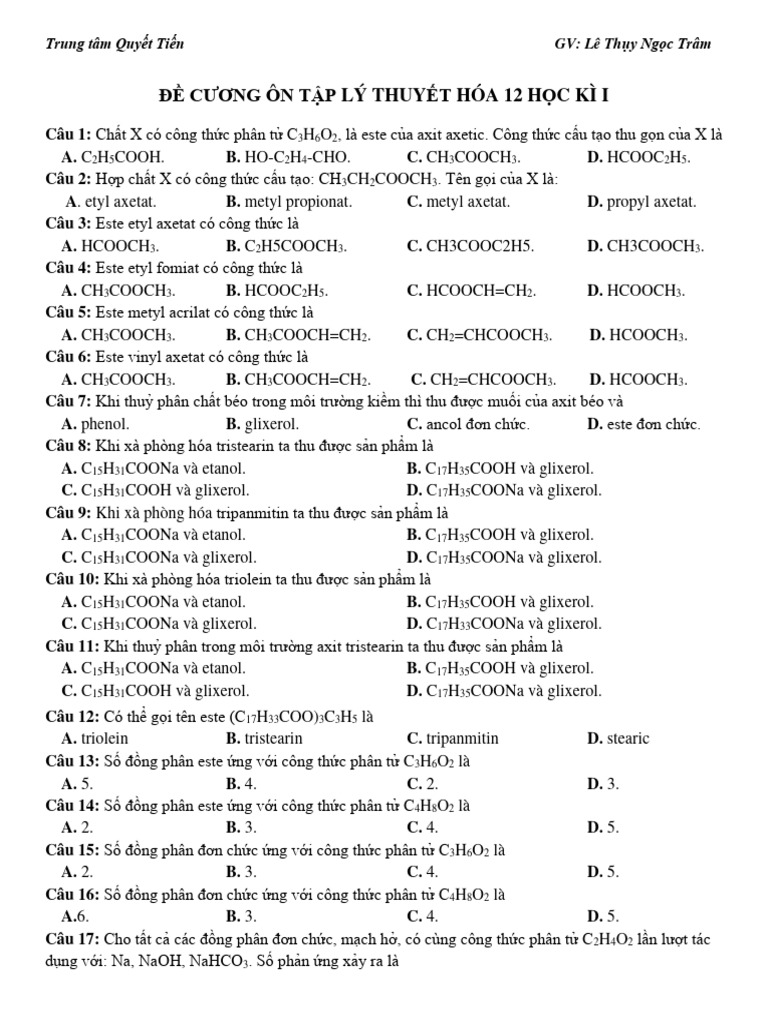 180 Câu Trắc Nghiệm Lý Thuyết Ôn Tập HKI | PDF