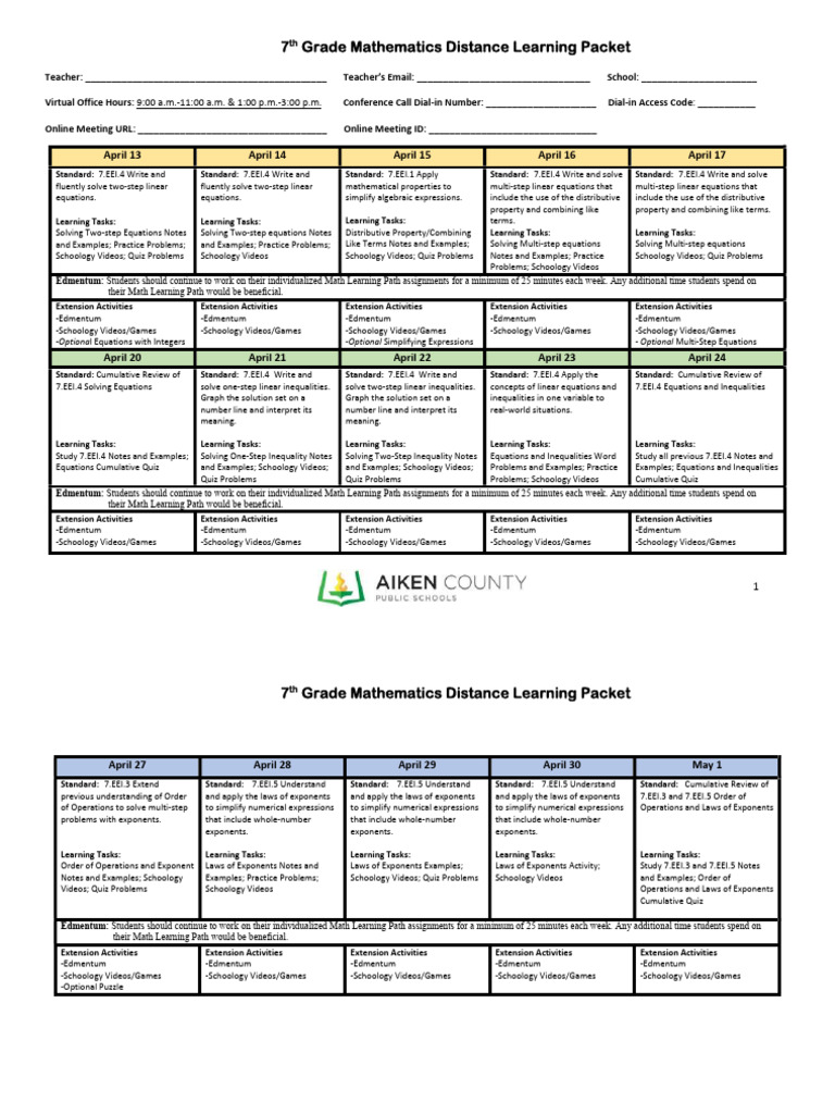 7th Grade Math Distance Learning Packet Phase 2 | PDF | Teaching ...