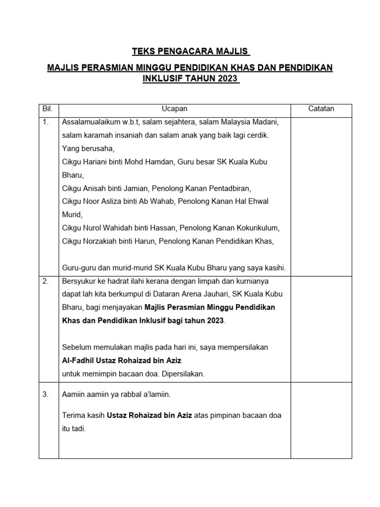 Teks Majlis Perasmian Minggu Ppki 2023 | PDF