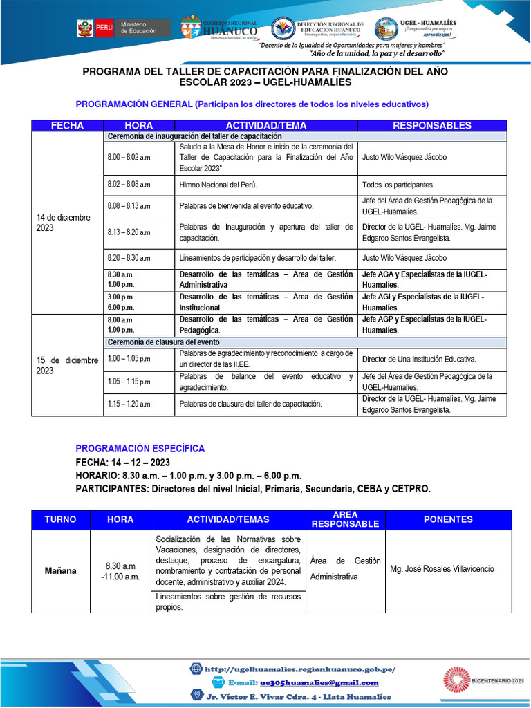 Programa de Taller de Finalización Del Año Escolar 2023 | PDF
