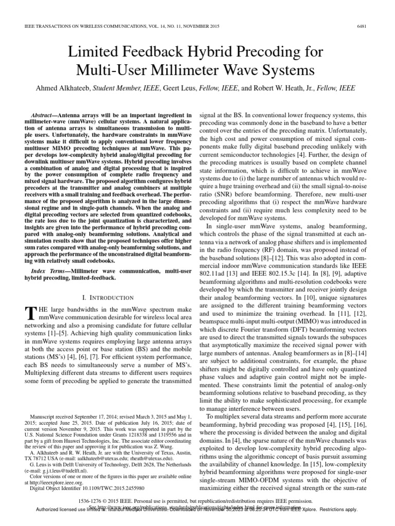 Limited Feedback Hybrid Precoding For Multi-User Millimeter Wave Systems | PDF | Mimo ...