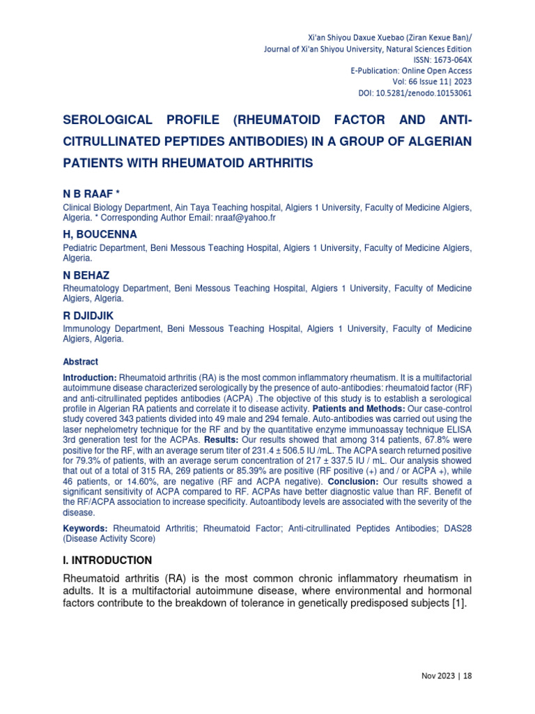 Serological Profile (Rheumatoid Factor and Anti - Citrullinated ...
