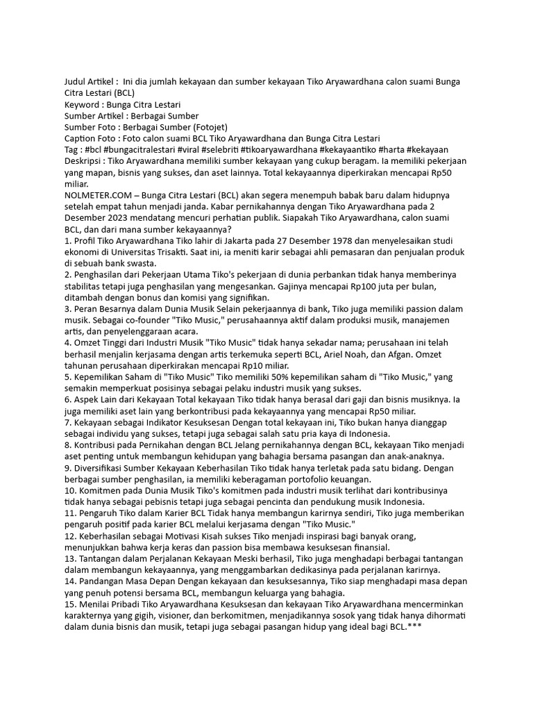 Ini Dia Jumlah Kekayaan Dan Sumber Kekayaan Tiko Aryawardhana Calon Suami Bunga Citra Lestari ...